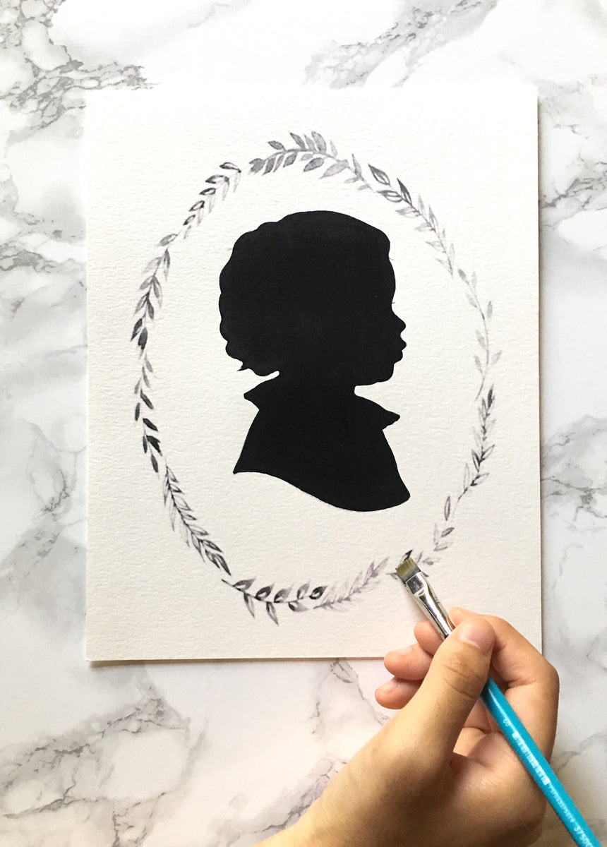 Custom Painted Silhouette Portrait with Wreath Branches : Silhouette P